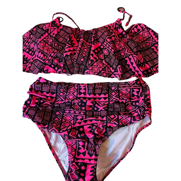 Tribal | Swim | Hot Pink Black Tribal Ruffle Two Pieces Swim Suit ...